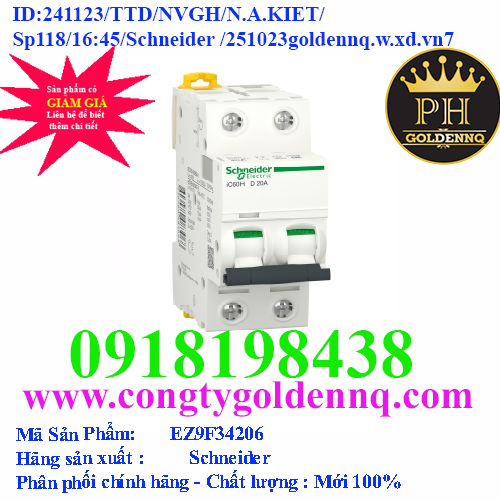 Cầu Dao Schneider Easy9 MCB 2P, 4.5kA, 230V, C Curve 6A-63A | Công Ty Quốc Tế Golden NQ