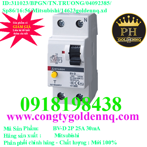 RCCB Mitsubishi BV-D 2P 25A 30mA | Công Ty TNHH Tổng Hợp Quốc Tế Golden NQ