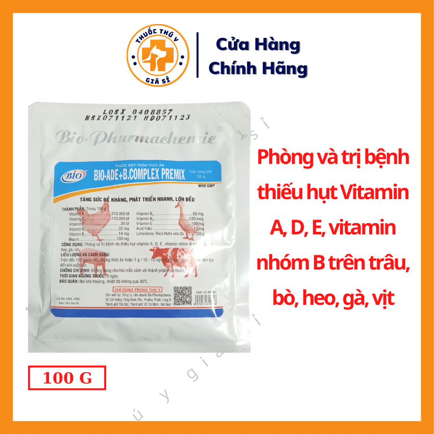 Bio ADE Bcomplex Premix 100gr Vitamin tổng hợp Phân Phối Thuốc Thú Y