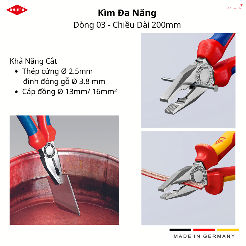 Kìm Đa Năng Knipex 03 02 200 Lưỡi 60HRC Chiều Dài 200mm Tay Cầm Êm