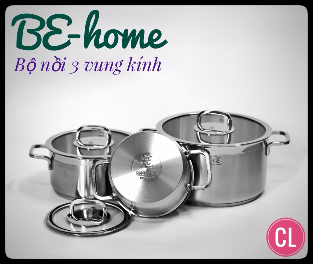 Bộ nồi inox Behome 3 (Vung kính) | ĐIỆN MÁY TÂY HỒ