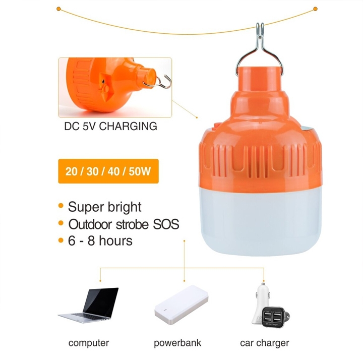 Bóng Đèn LED Tích Điện 100W Kèm Dây Sạc USB Có Móc Treo Màu Cam