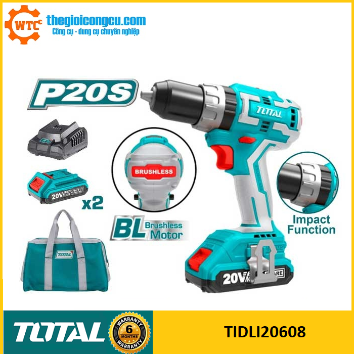 Máy khoan búa (không chổi than) dùng pin 20V Total TIDLI20608