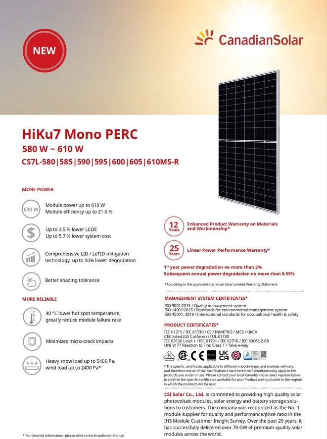 Tấm Pin Mono Canadian 590W (CS7L-590MS-R) Điện Năng Lượng Mặt Trời