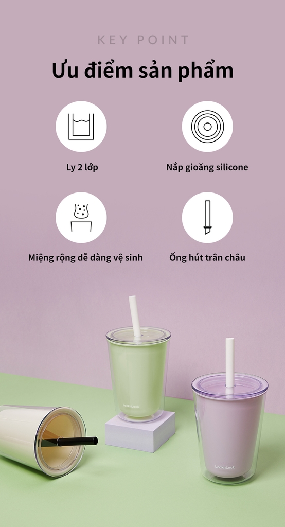 Ly nhựa 2 lớp LocknLock Bubble Tea Cold Cup HAP529 720ml, Hàng chính hãng, kèm ống hút trân châu ...