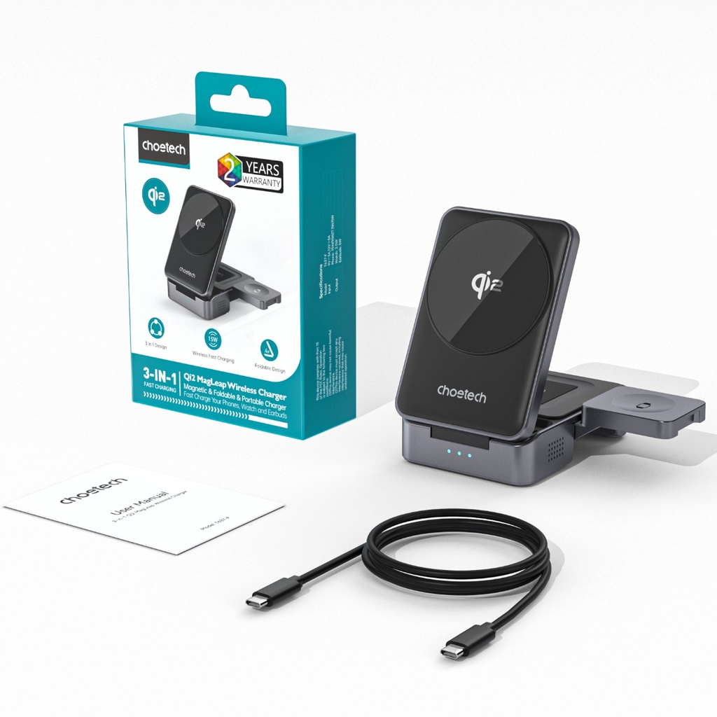 Đế sạc không dây 3 in 1 gấp gọn 15W Choetech T637 chuẩn Qi2 dùng cho ...