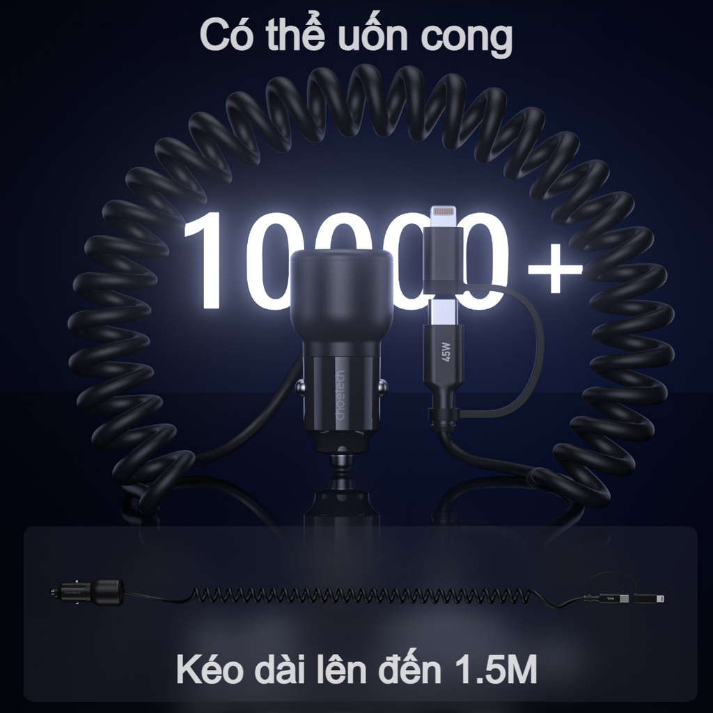 Tẩu sạc ô tô 110W Choetech TC0038 tích hợp cáp lò xo Type C kèm đầu nối Lightning dài 1.5M (Hàng ...