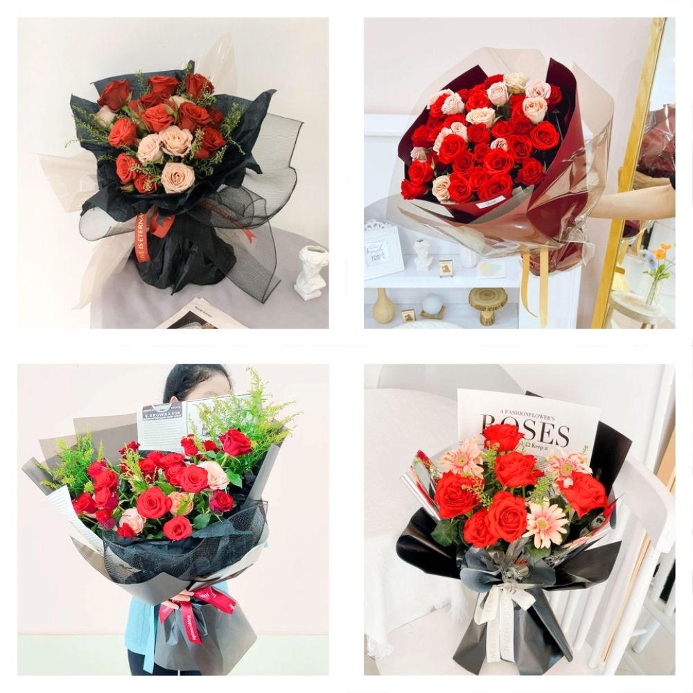 Bó hoa tươi tone đỏ phối giấy tối màu