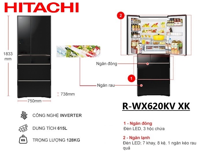 Tủ Lạnh Hitachi Inverter 615 Lít R-WX620KV(XK) | Điện Máy T