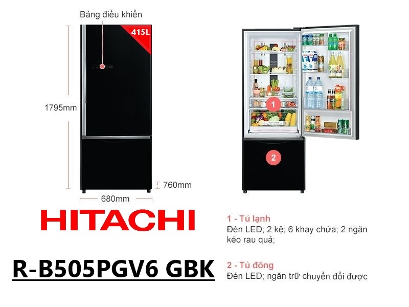 Tủ lạnh Hitachi Inverter 415 lít R-B505PGV6 (GBK) | Điện Máy T