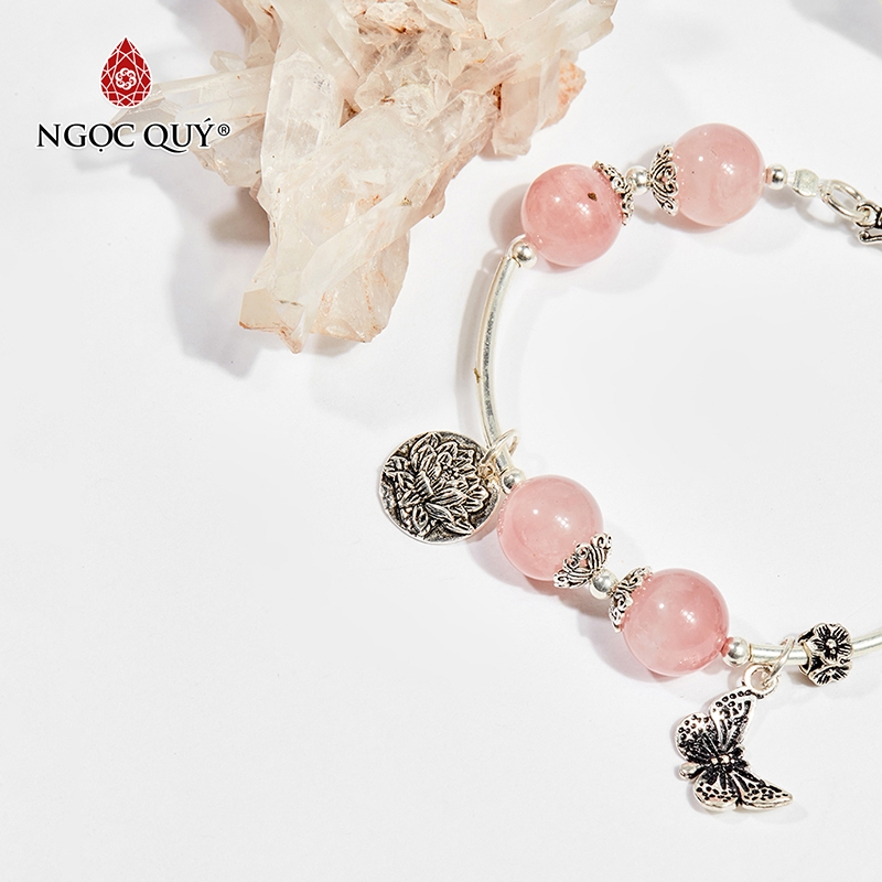 Vòng tay phong thủy đá thạch anh hồng phối charm sen bạc Trang Sức Đá ...