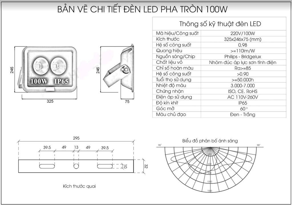 Đèn pha LED ngoài trời 100W - IP65 pha tròn (2*50w)