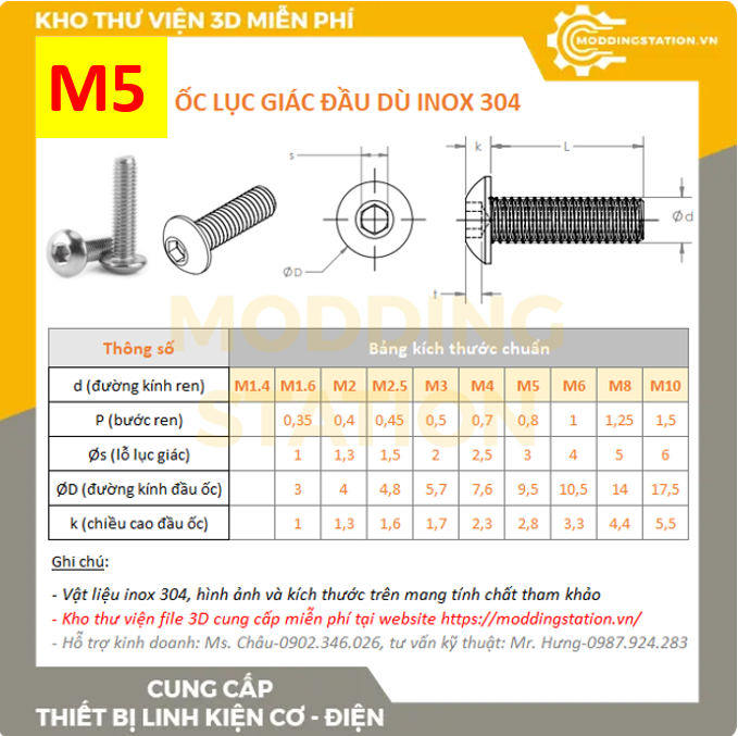Ốc Lục giác đầu dù inox 304 size M5x10 | Modding Station
