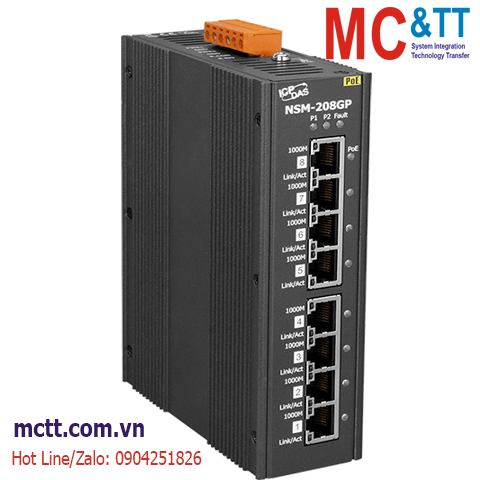 Switch công nghiệp 8 cổng PoE Gigabit Ethernet ICP DAS NSM-208GP CR | MC&TT Co., Ltd