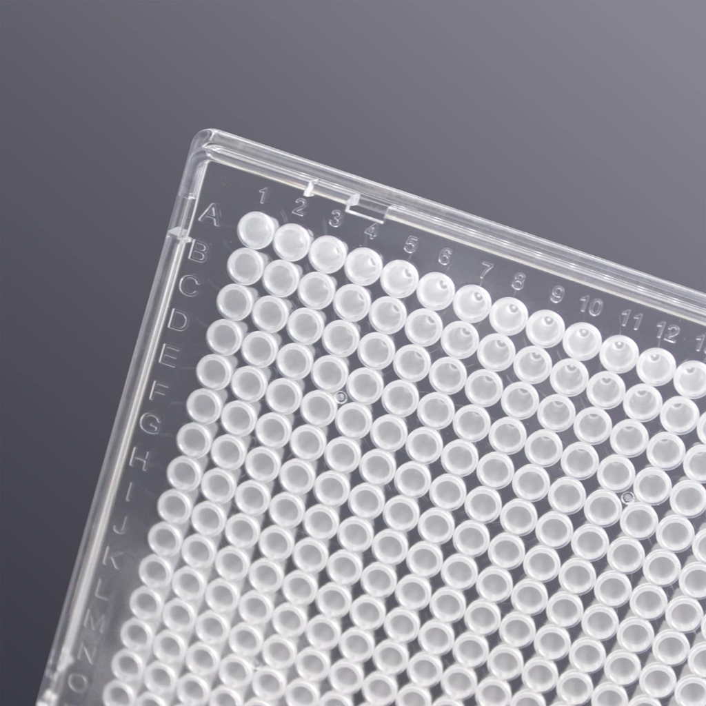 384-well 40ul skirted PCR plate, A24 cut corner, transparent frame, frosted tube