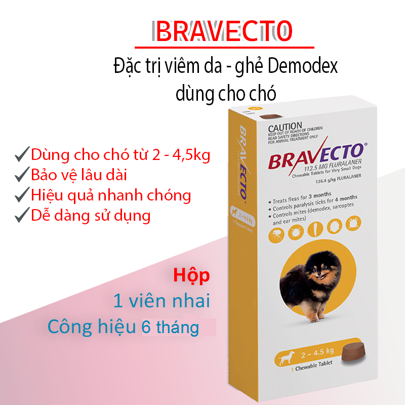Bravecto 2-4.5 kg viên nhai trị ve, rận trên chó | thuocthuysile.com
