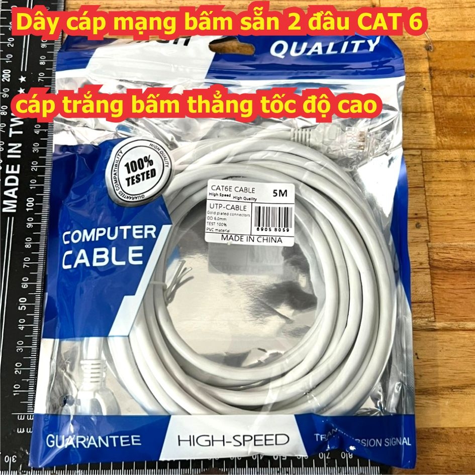 Dây cáp mạng bấm sẵn 2 đầu CAT 6 cáp trắng bấm thẳng tốc độ cao dài 5m ...