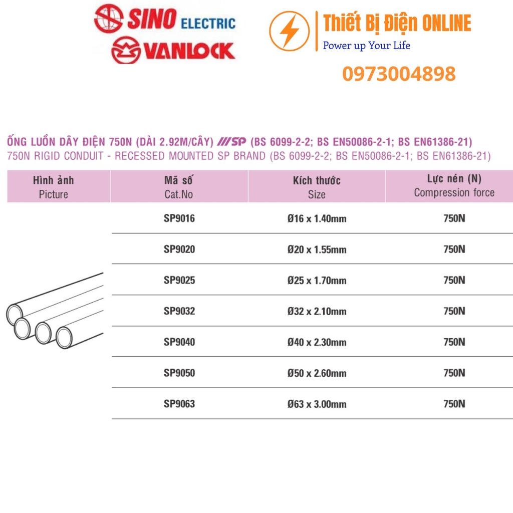Ống cứng PVC D20 SP SINO SP9020 750N luồn dây điện chống cháy