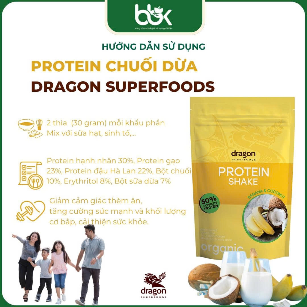 Bột protein thực vật lắc chuối sữa dừa hữu cơ Dragon Superfoods 450g