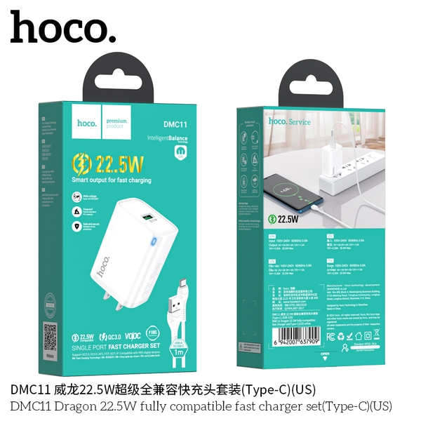 Bộ sạc nhanh Hoco DMC11 QC3.0 và VOOC 22.5W kèm cáp USB-A to TypeC ...