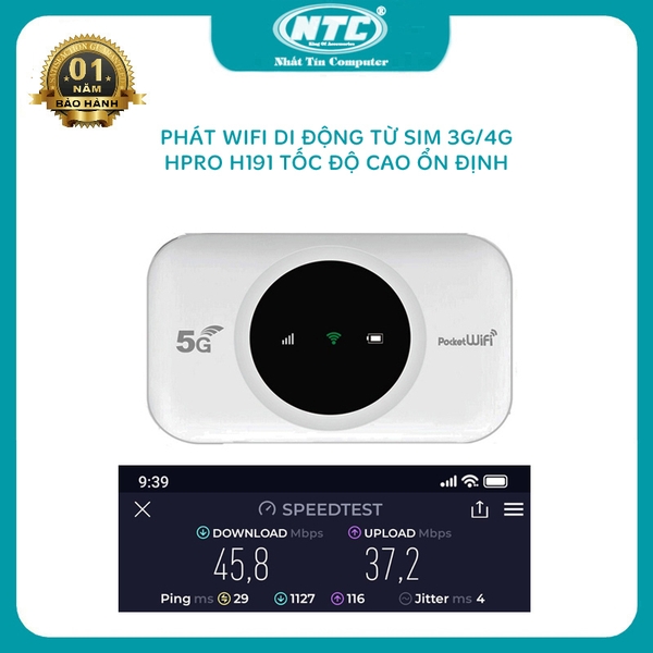 Phát wifi từ sim 4G LTE Hpro H191 sóng cực mạnh - Hỗ trợ vừa sạc vừa dùng (trắng) Nhất Tín Computer
