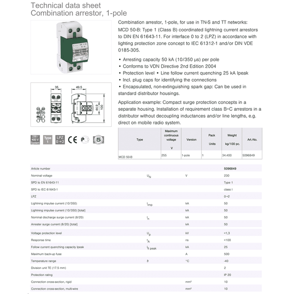 Thiết bị cắt lọc sét nguồn điện 1 pha MCD 50-B