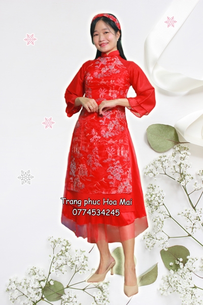 Áo dài nữ cách tân đỏ ren 2 lớp - Trang phục biểu diễn Hoa Mai