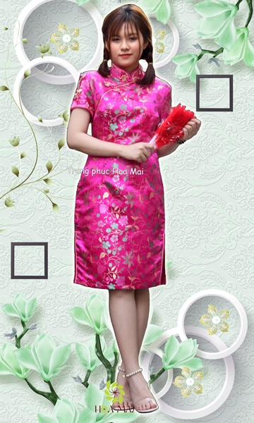 Cho thuê sườn xám nữ ngắn gấm hồng - Trang phục Hoa Mai