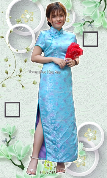 Cho thuê sườn xám nữ dài gấm xanh dương - Trang phục Hoa Mai