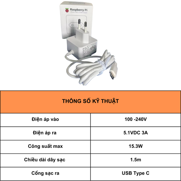 Nguồn Raspberry Pi 4 cổng Type-C 5.1V 3A | Linh Kiện Điện Tử 3M
