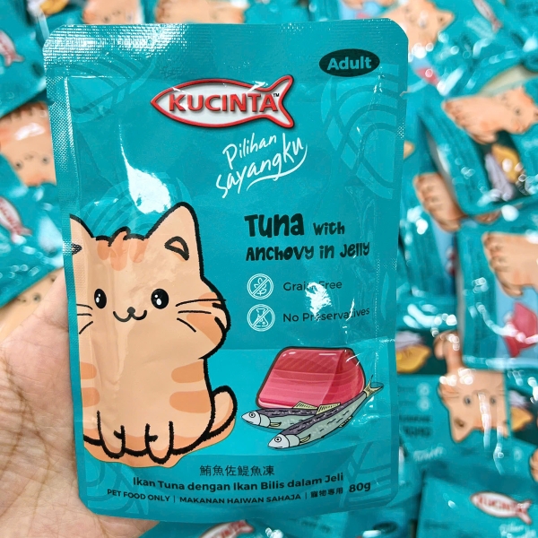 Thức ăn ướt pate Kucinta Tuna with Anchovy in jelly cá ngừ cá cơm gói 80g