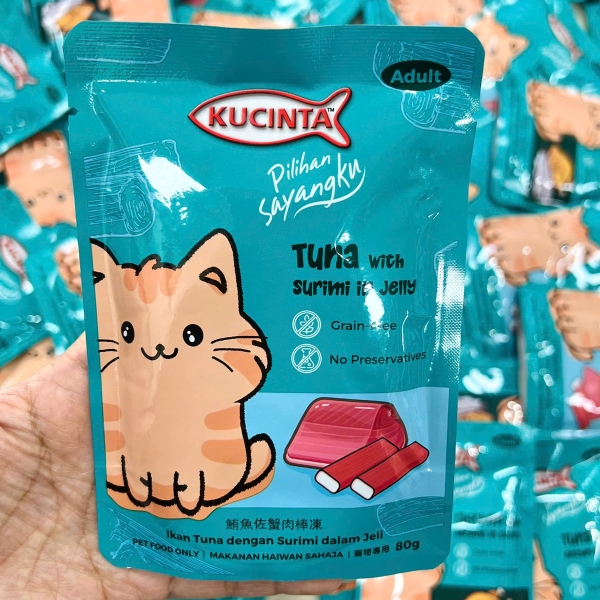 Thức ăn ướt pate Kucinta Tuna with Surimi in jelly cá ngừ thanh cua gói 80g