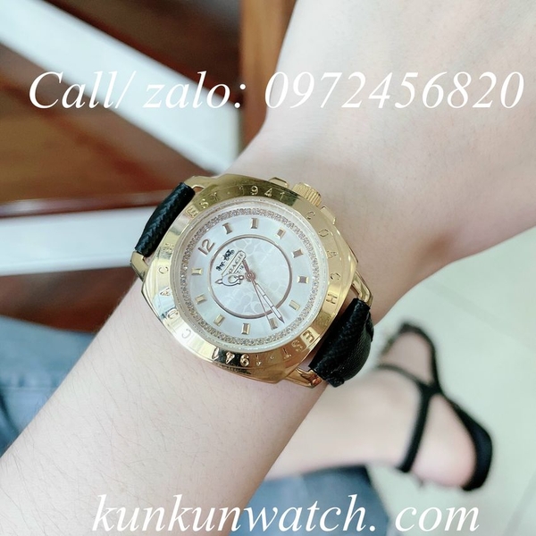 Đồng Hồ Nữ Coach Dây Da Đen Mặt Trắng Vỏ Vàng - 35mm KUNKUN WATCH