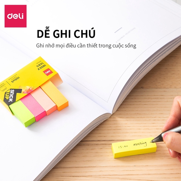 Giấy notes Deli A11402 50x15mm, giấy nhớ, giấy ghi chú, văn phòng phẩm