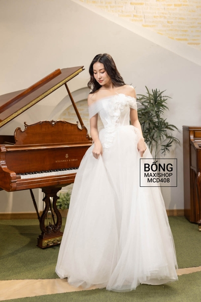 Váy cưới tùng xoan trắng kết hoa dọc MCD408 Bống Maxishop