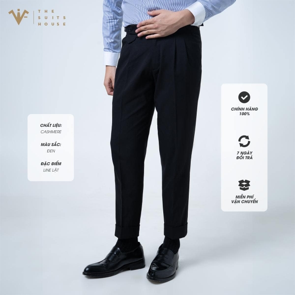 Quần tây ĐEN side tab xếp li, LAI LẬT The Suits House