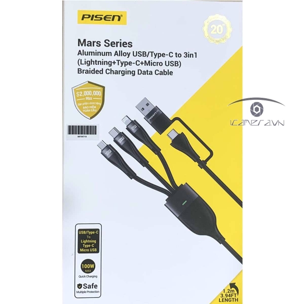Cáp sạc Pisen Pro Mars 3in1 AP-FC15-1200 Type-C Lightning micro USB