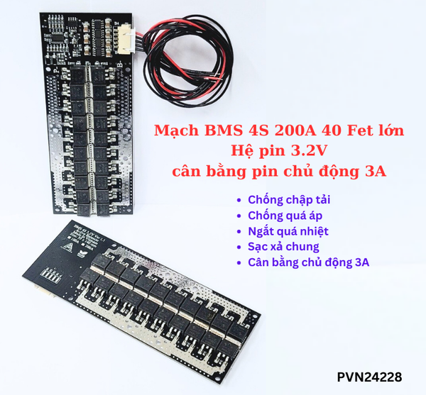 Mạch BMS 4S 200A 3.2V có sẵn cân bằng pin chủ động 3A, bảo vệ chập tải ...