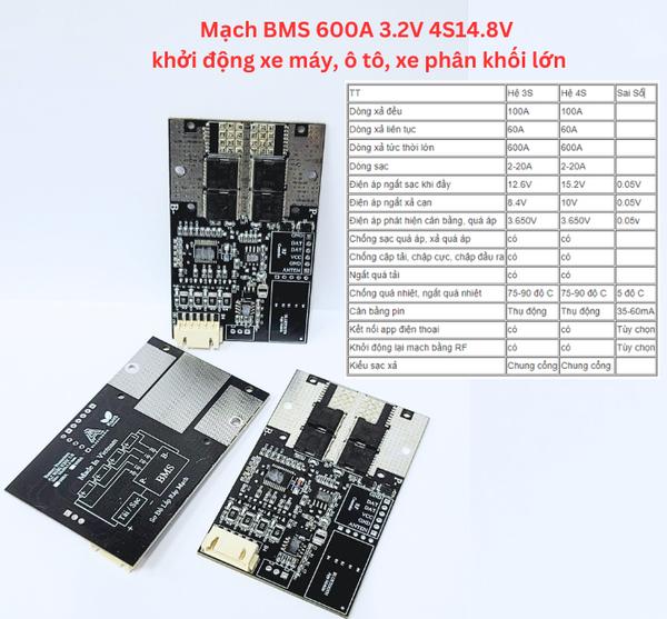 Mạch BMS 600A 3.2V 4S 14.8V khởi động xe máy, ô tô, xe phân khối lớn G2 ...