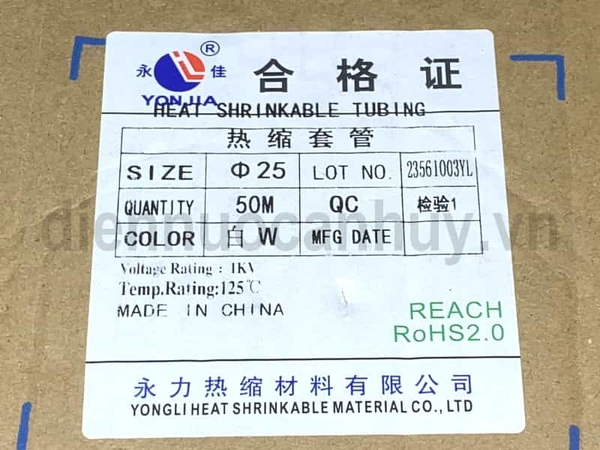 Ống ghen co nhiệt YONJIA phi F25/12.5 mầu trắng (dùng với cốt 185, 150 ...