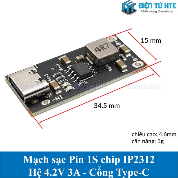 Module sạc Pin 1S Lithium dùng chip IP2312 3A cổng Type-C 5V | Điện Tử HTE