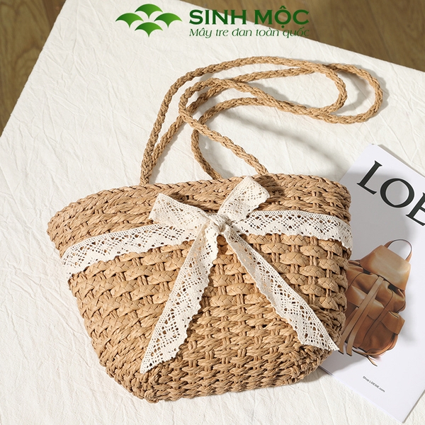 Túi cói đi biển, túi vintage có nơ dễ thương, túi xách nữ Sinh Mộc - M3815