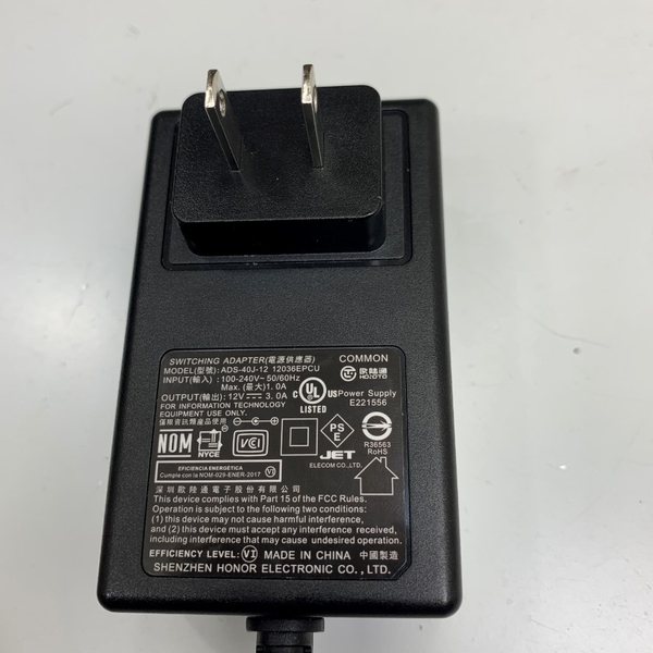 Adapter 12V 3A 36W SHENZHEN ADS US Plug 100-240V Connector Size 5.5mm x ...