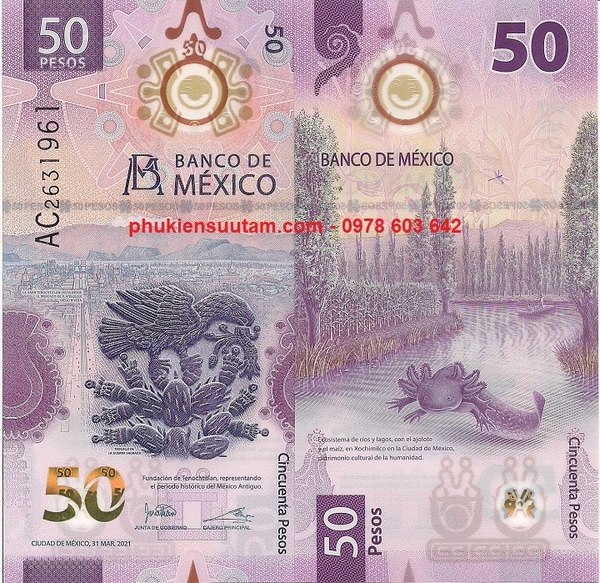 Mexico 50 Pesos 2021 UNC Polymer Kỷ Niệm Độc Lập