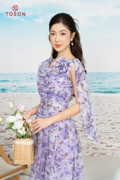 48069H14 - Đầm xòe tơ hoa tím xếp ly,vai đính nơ hoa (Limitted) Thời ...