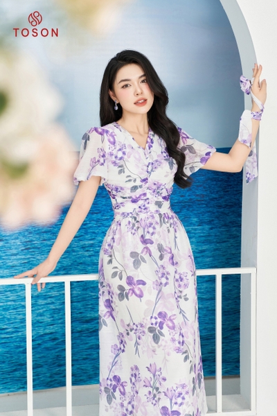 48068T14 - Đầm xòe tơ hoa tím, nơ vai cuốn hoa Thời trang nữ Toson