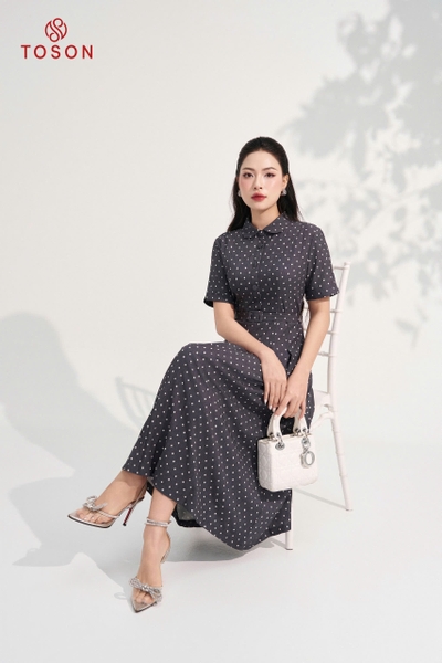 JDC21G95 - Đầm xòe xếp ly bò ghi chấm bi Thời trang nữ Toson