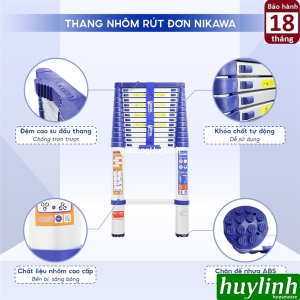 Thang nhôm rút đơn Nikawa NK-44 NEW - 4.4 mét - Tặng đệm cao su