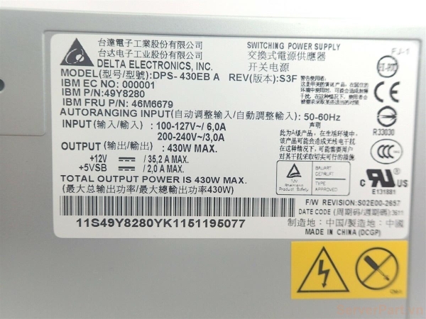 Bộ nguồn PSU Hot IBM x3200 m3 430w 49Y8280 46M6679 00J6688 | ServerPart.vn