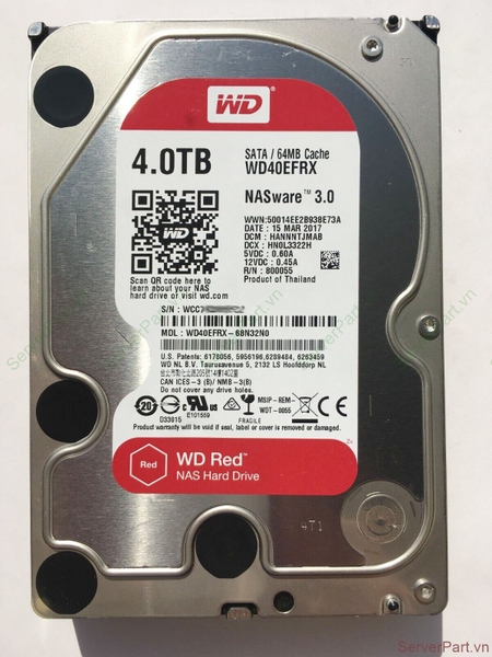Ổ cứng HDD SATA Western WD Red 4TB 5.4K 3.5" WD40EFRX | ServerPart.vn